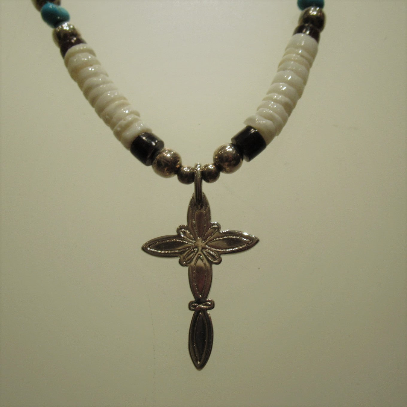 Silver toned Cross Puka shell 20 in Beaded necklace – Clotheshorse ...